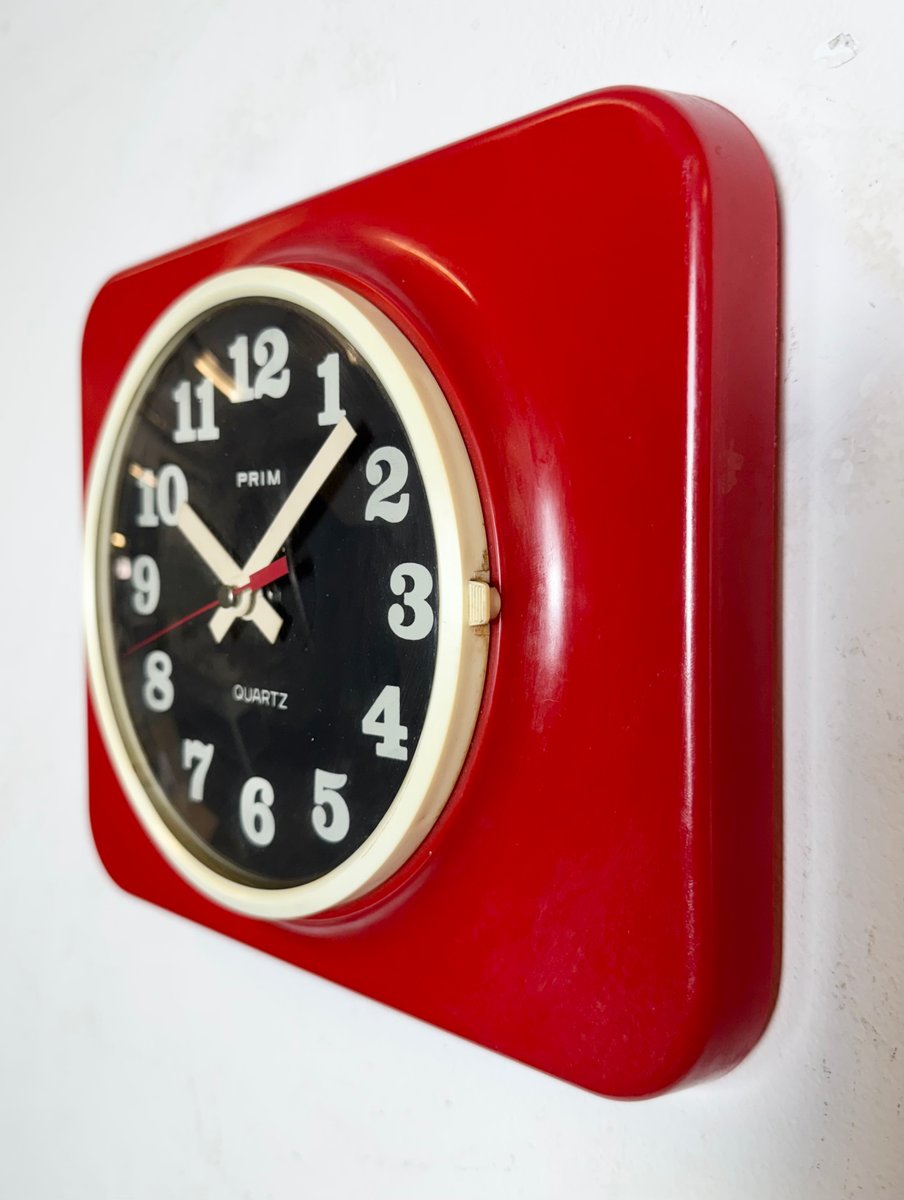 Vintage Red Plastic Wall Clock from Prim, 1970s for sale at Pamono