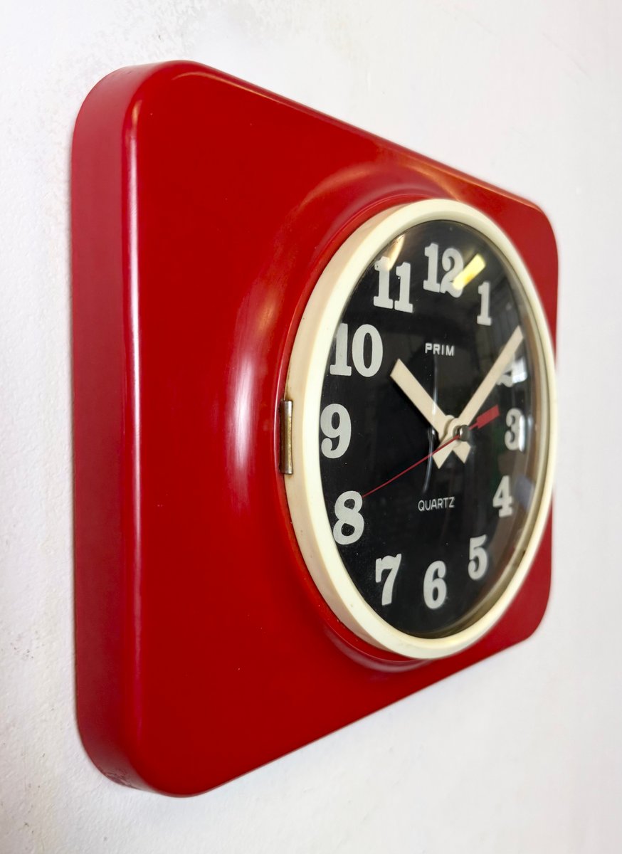 Vintage Red Plastic Wall Clock from Prim, 1970s for sale at Pamono
