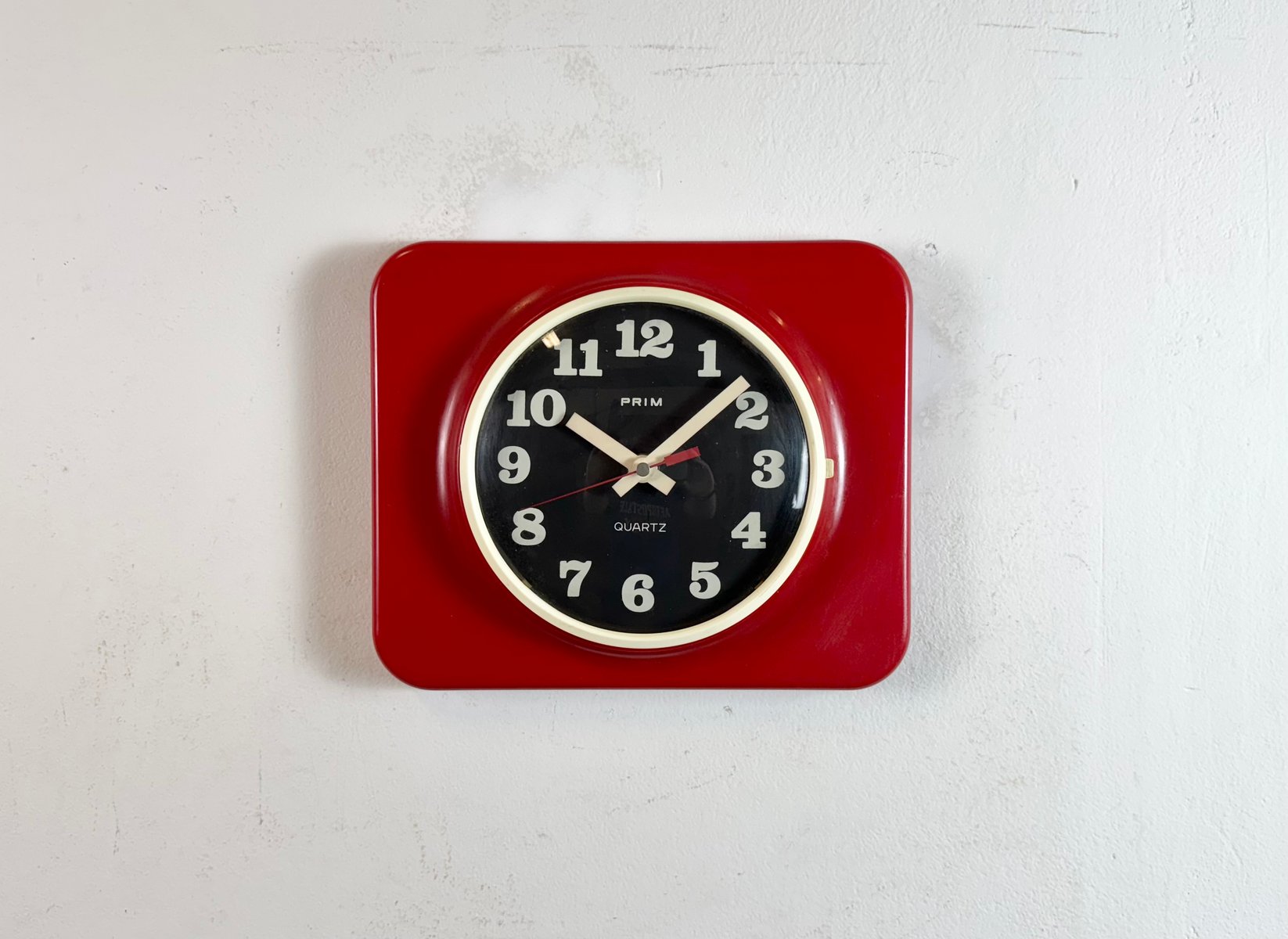 Vintage Red Plastic Wall Clock from Prim, 1970s for sale at Pamono