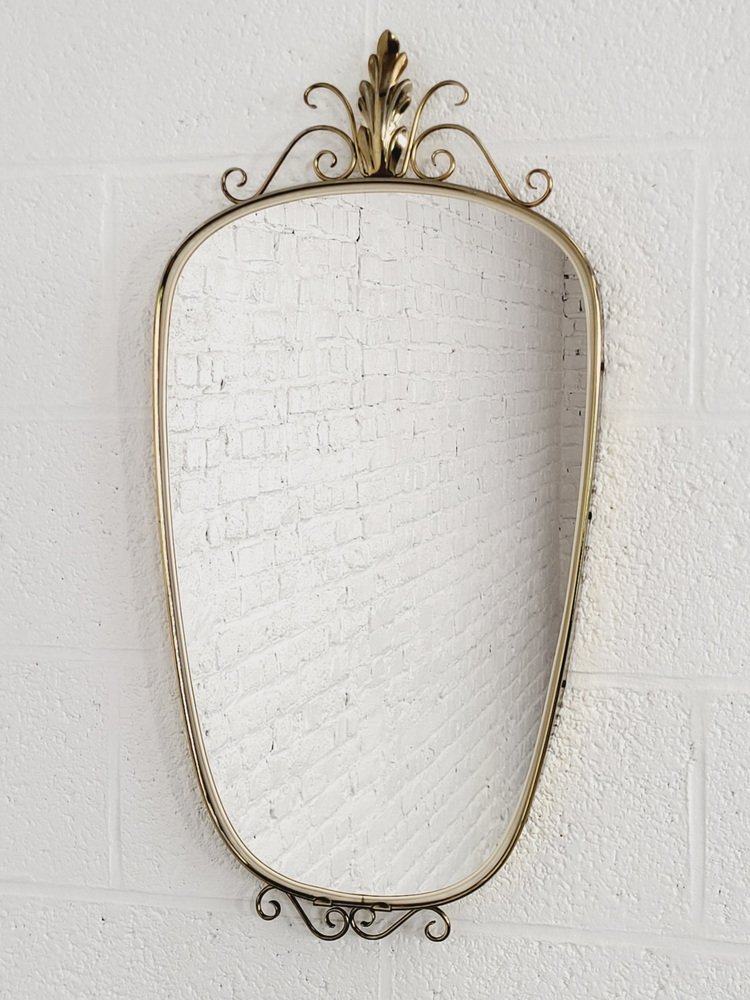 Freeform Mirror with Beige on Brass Frame, 1950s for sale at Pamono