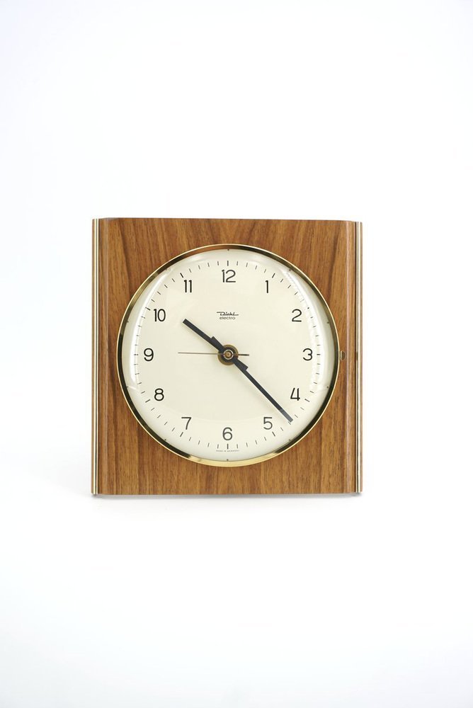 Wood and Brass Wall Clock from Diehl, 1960s for sale at Pamono