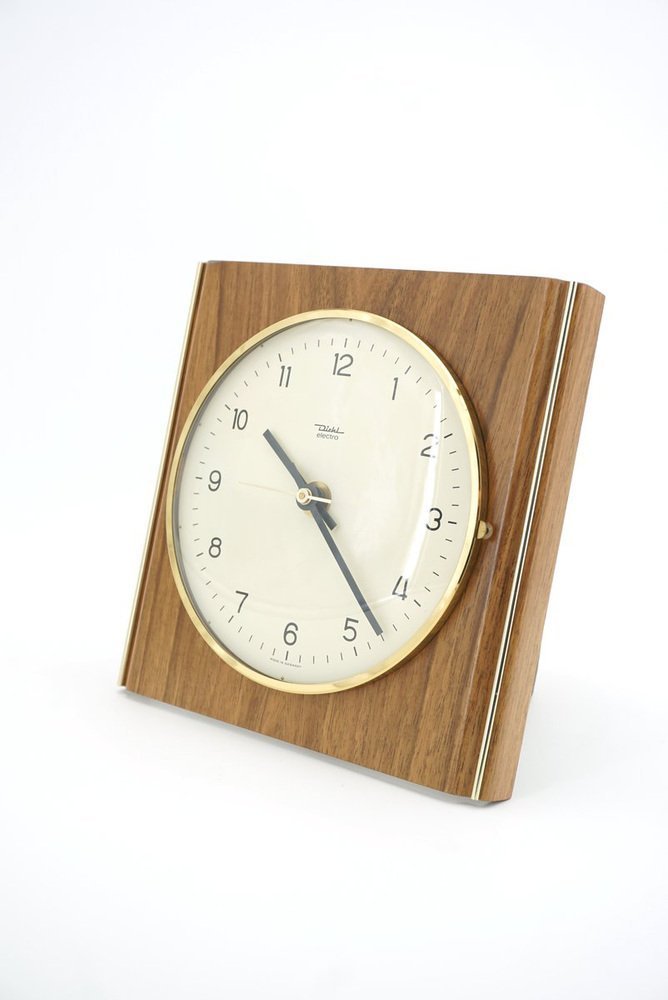Wood and Brass Wall Clock from Diehl, 1960s for sale at Pamono