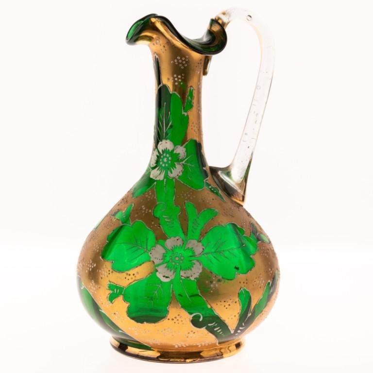 Antique Enameled Green Satin Glass Pitcher, 1880 for sale at Pamono
