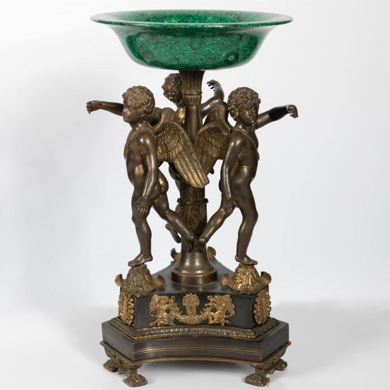 19th Century Franco-Russian Malachite & Bronze Winged Putti Centrepiece ...