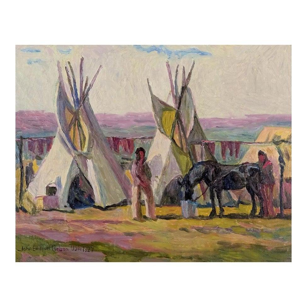 John E. Carlson, View of Camp with Natives, 1927, Oil Painting for sale ...