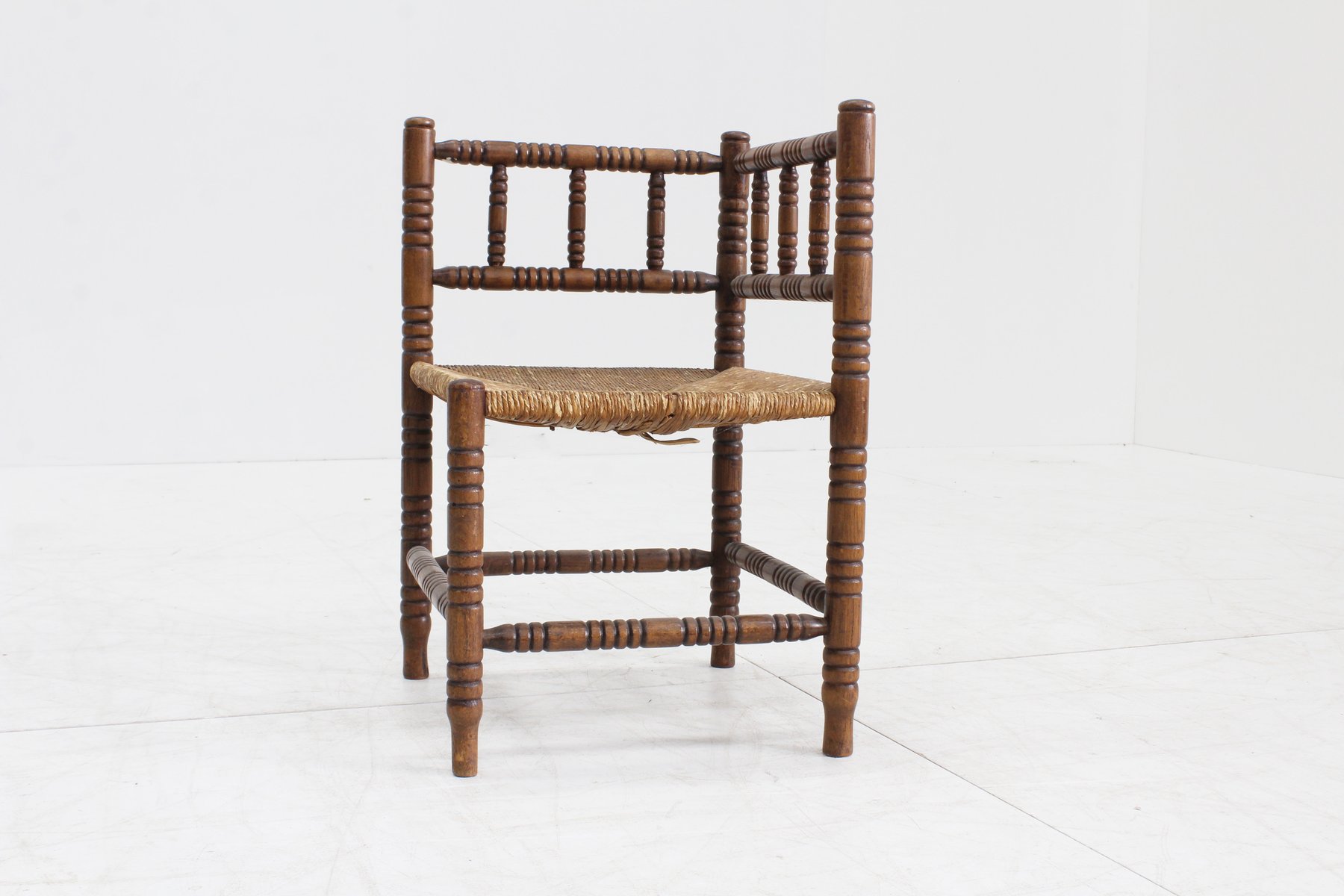 Vintage Bobbin Bench with Rush Seat, 1920s for sale at Pamono