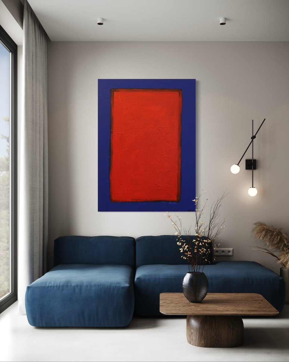 Bodasca, Red on Blue Abstract Composition, 2025, Acrylic on Canvas for sale at Pamono