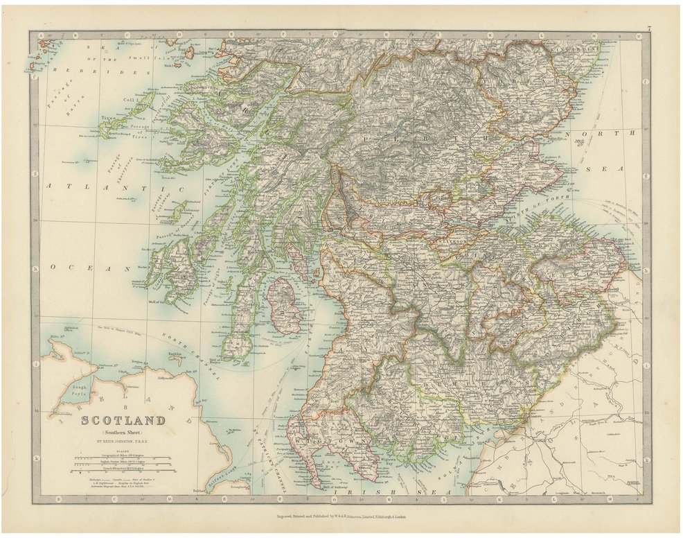 Antique Map of Southern Scotland with Coastal and Inland Details, 1903 ...