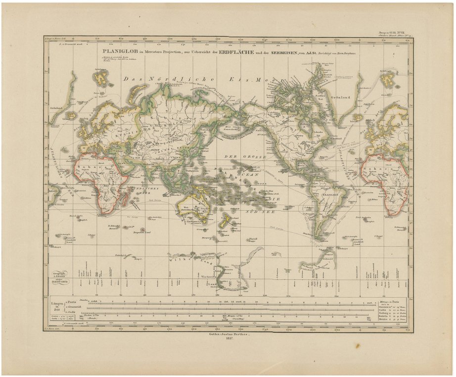 Antique World Map Mercator Projection with Global Sea Routes by Adolf ...
