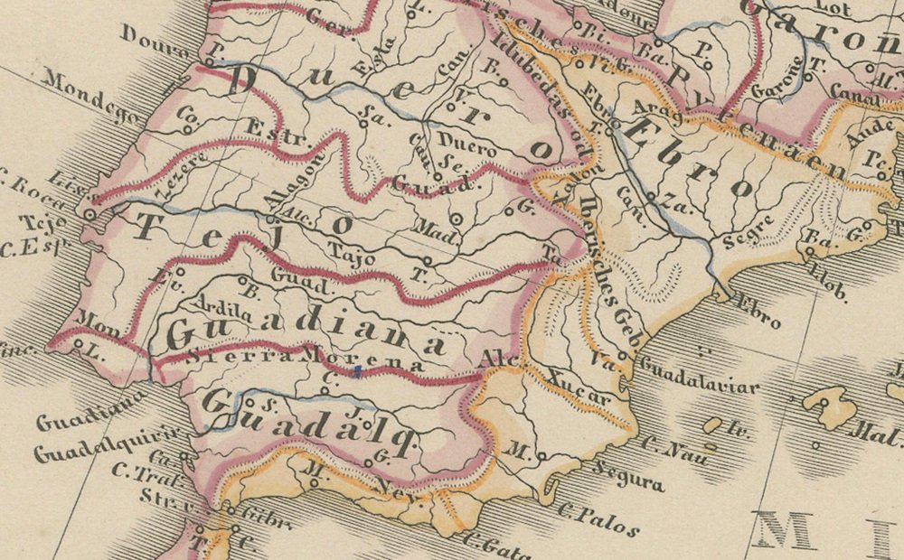 Europe Map of Rivers, Watersheds and Elevation, 1857 for sale at Pamono