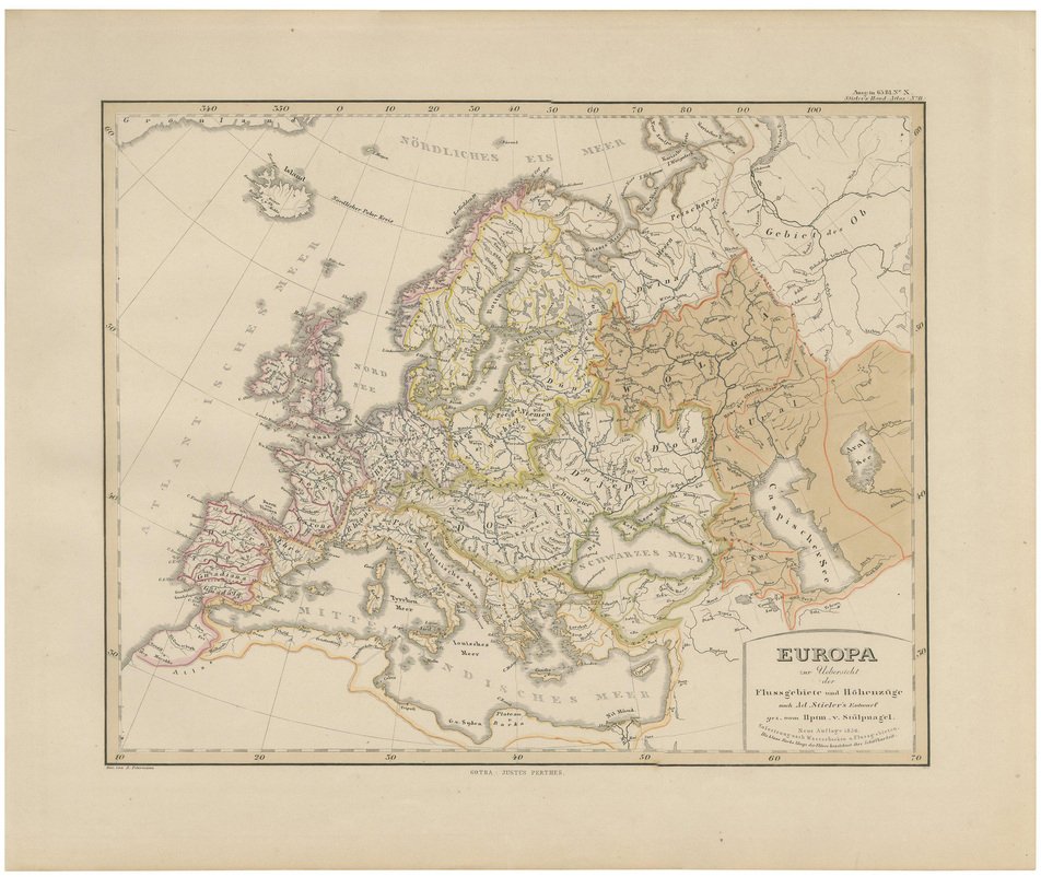 Europe Map of Rivers, Watersheds and Elevation, 1857 for sale at Pamono
