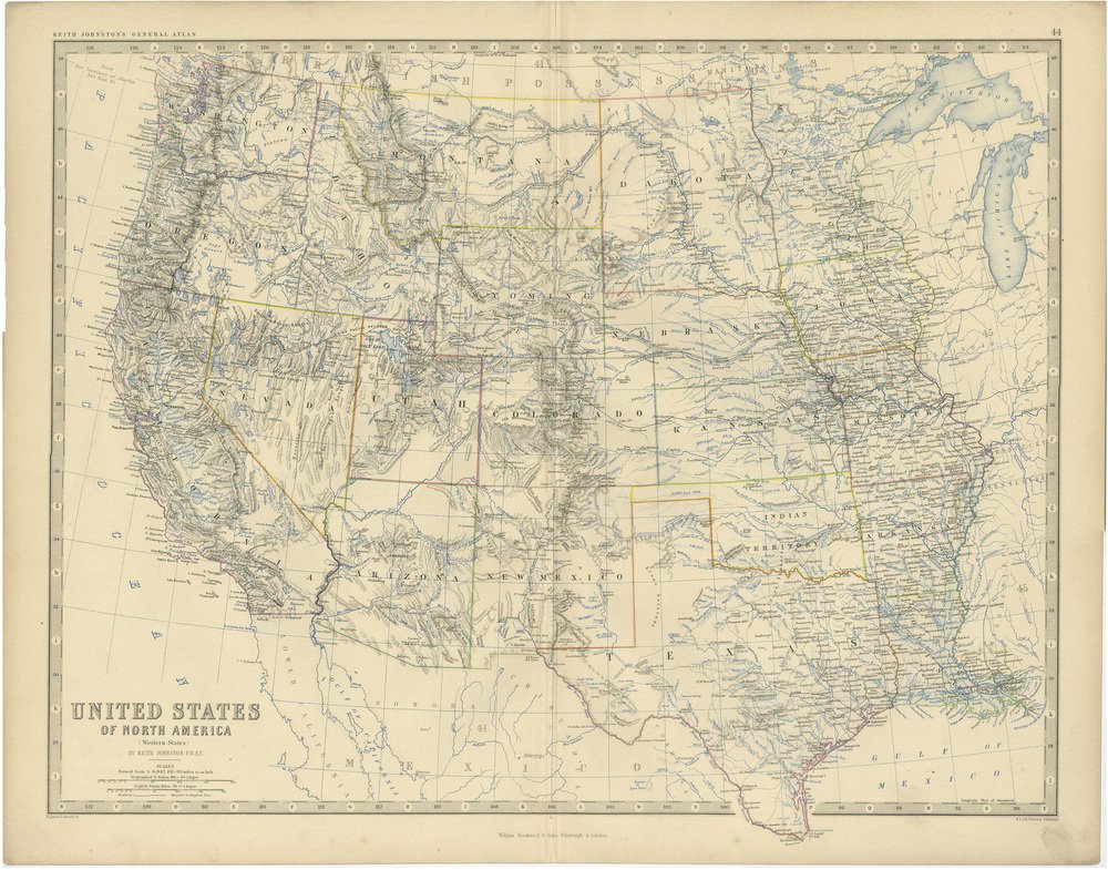 Map of Western United States Detailed Atlas by Keith Johnston, 1874 for ...