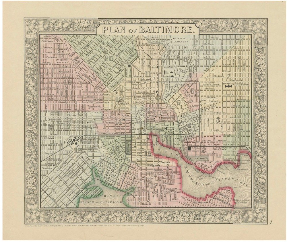 Map of Baltimore City, USA, 1870s for sale at Pamono