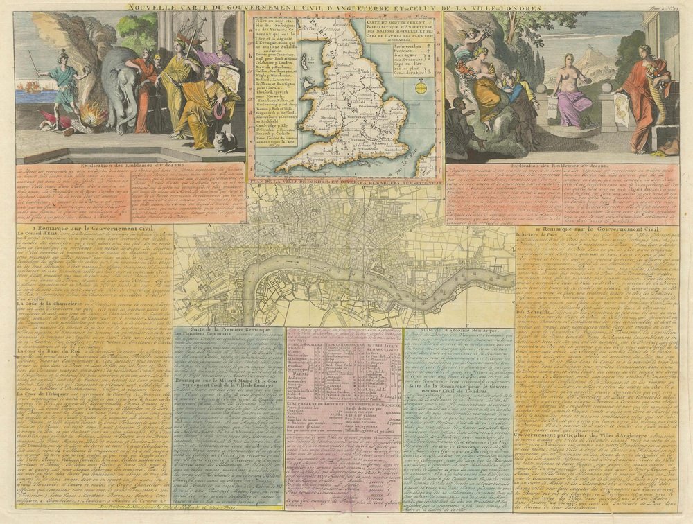 England and London Government Map with Allegorical Vignettes, 1720 for ...