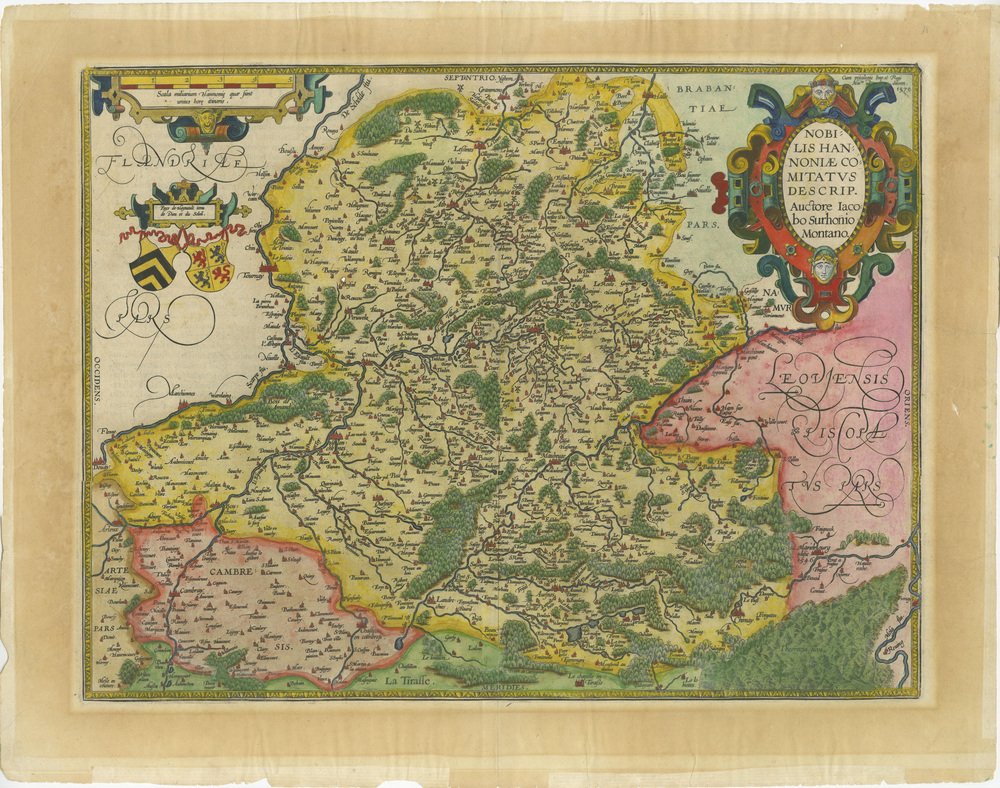 Hand-Colored French-Belgian Border Map, 1590 for sale at Pamono