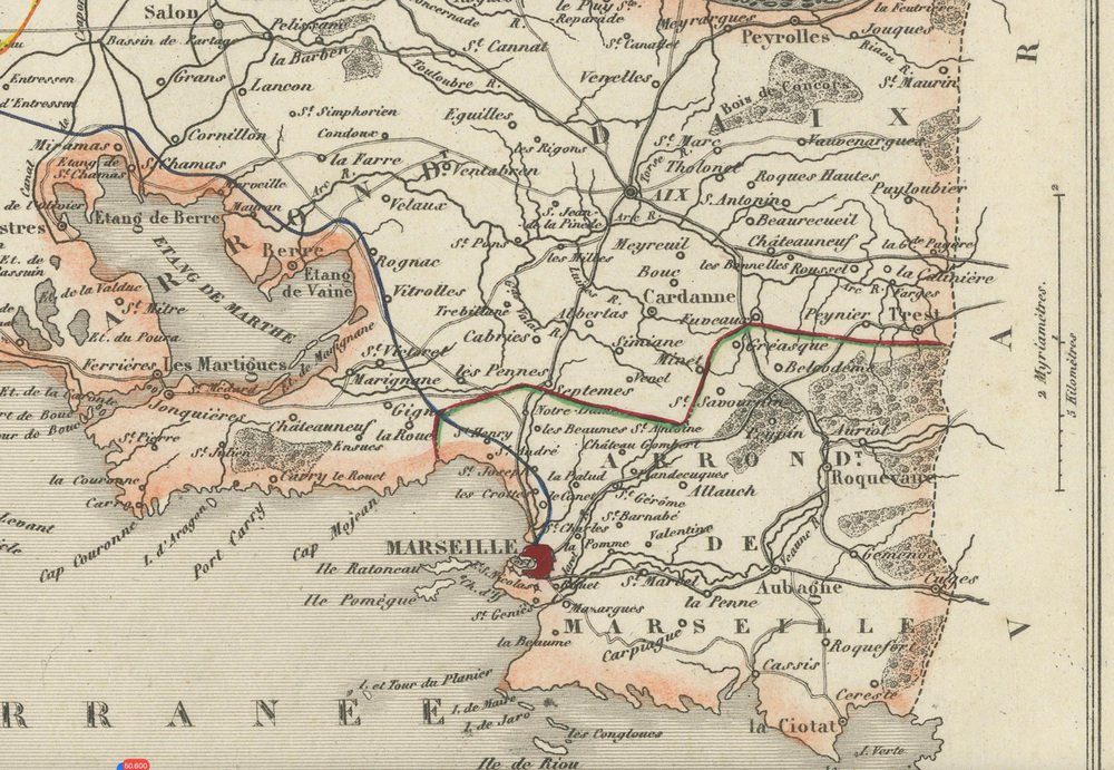 Map of Bouches-Du-Rhône France with Marseille and Rhône Delta, 1800s ...