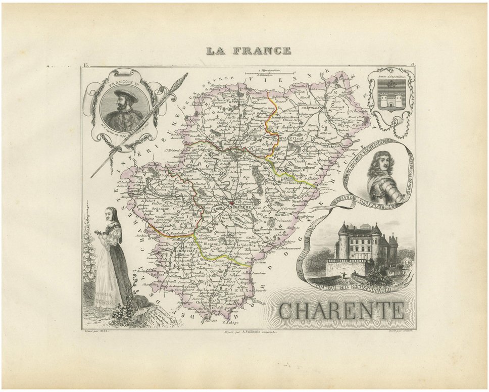 Map of Charente France with Cognac Region and Château De La ...