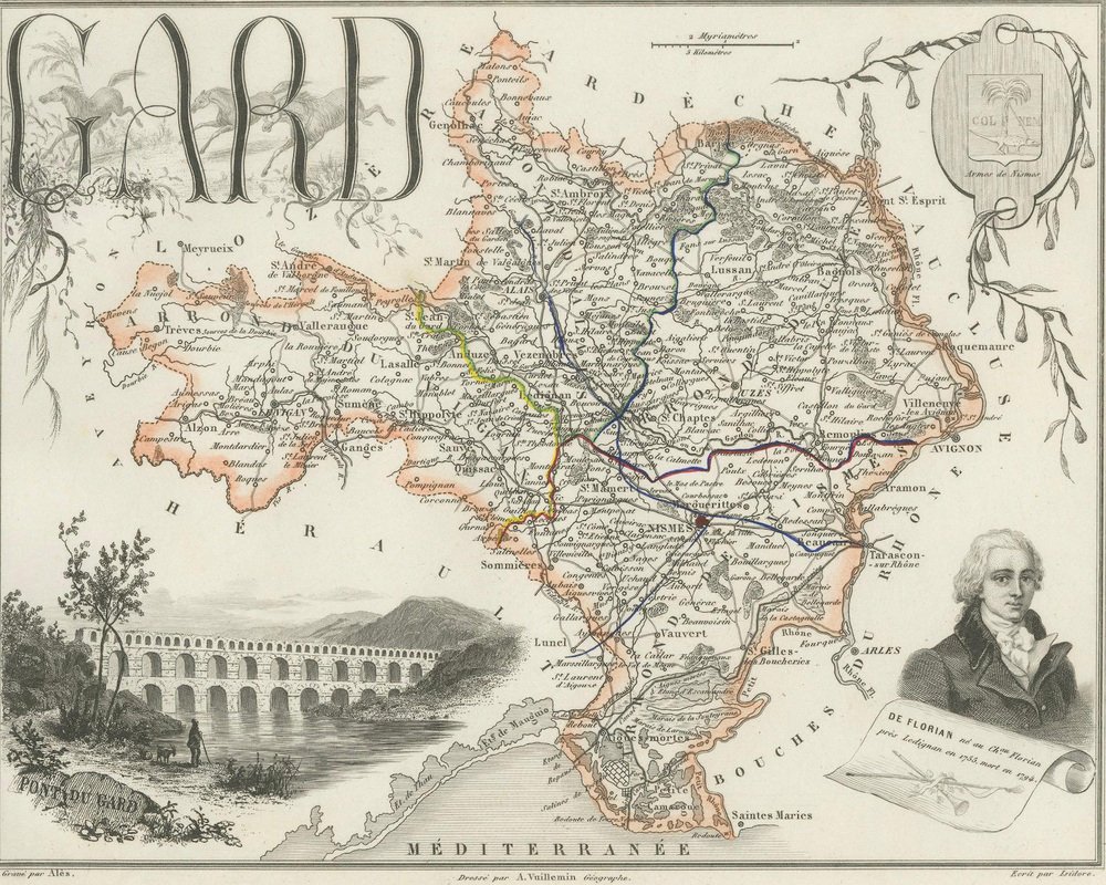 Map of Gard France with Pont Du Gard and Wine Regions by Vuillemin ...