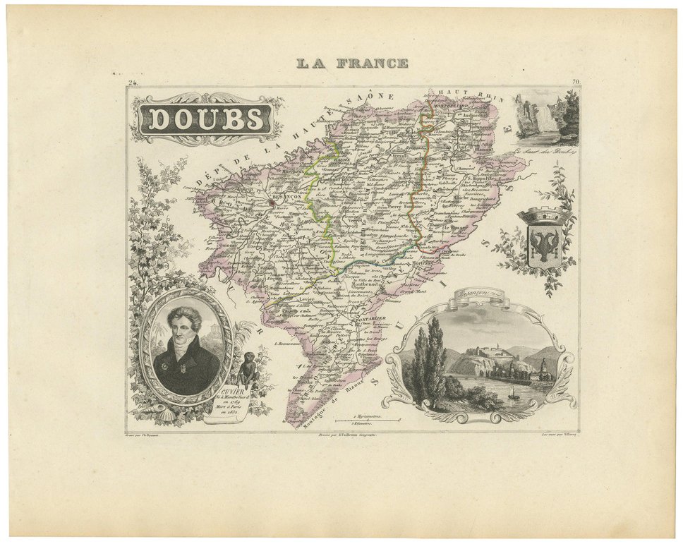 Map of Doubs France with Besançon and Swiss Border Landscape, 1800s for ...