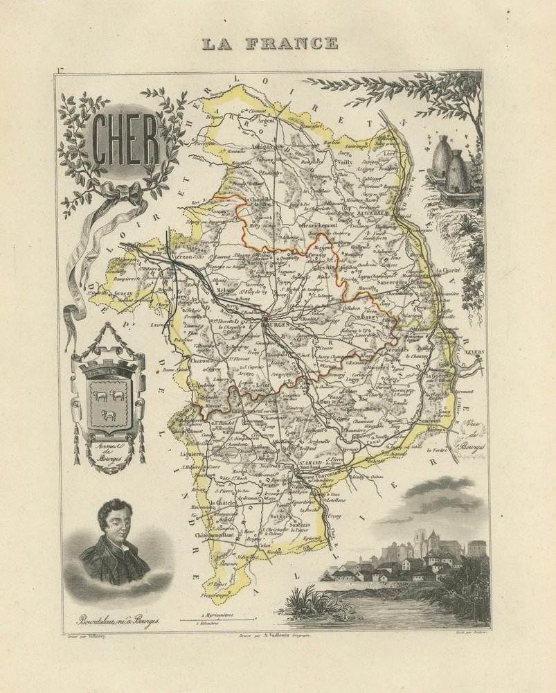 Map of Cher France with Bourges, 1850 for sale at Pamono