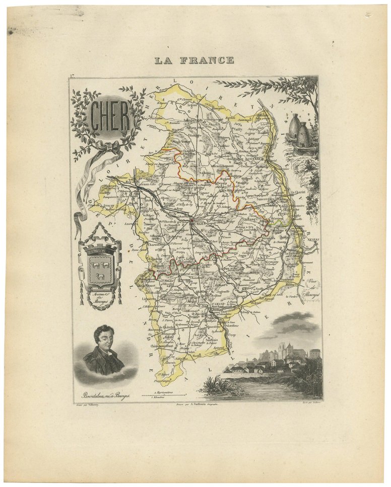 Map of Cher France with Bourges, 1850 for sale at Pamono