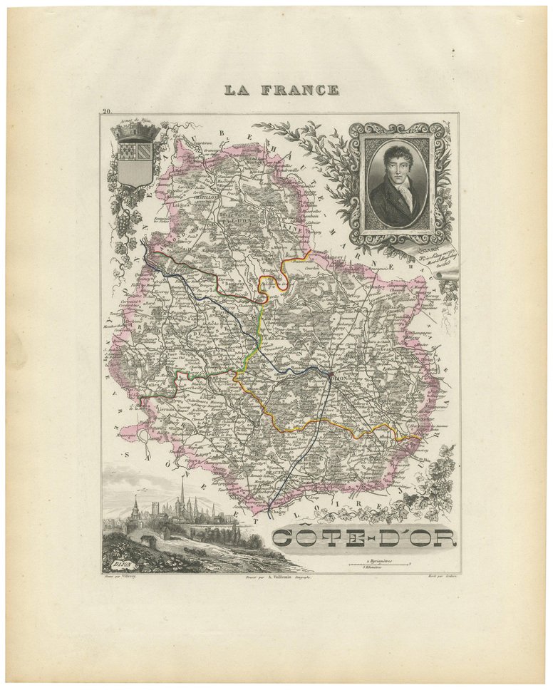 Map of Côte-Dor France with Dijon and Burgundy Wine Region, 1800s for ...