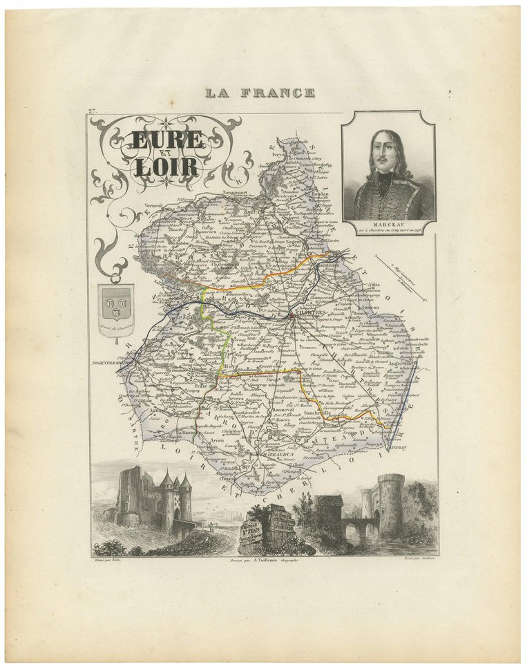 Map of Eure-Et-Loir France with Chartres Cathedral, 1850 for sale at Pamono