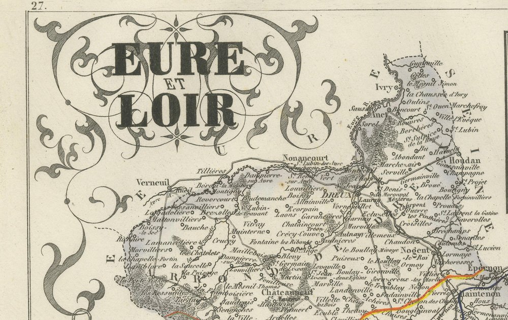 Map of Eure-Et-Loir France with Chartres Cathedral, 1850 for sale at Pamono