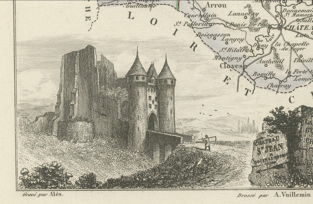Map of Eure-Et-Loir France with Chartres Cathedral, 1850 for sale at Pamono