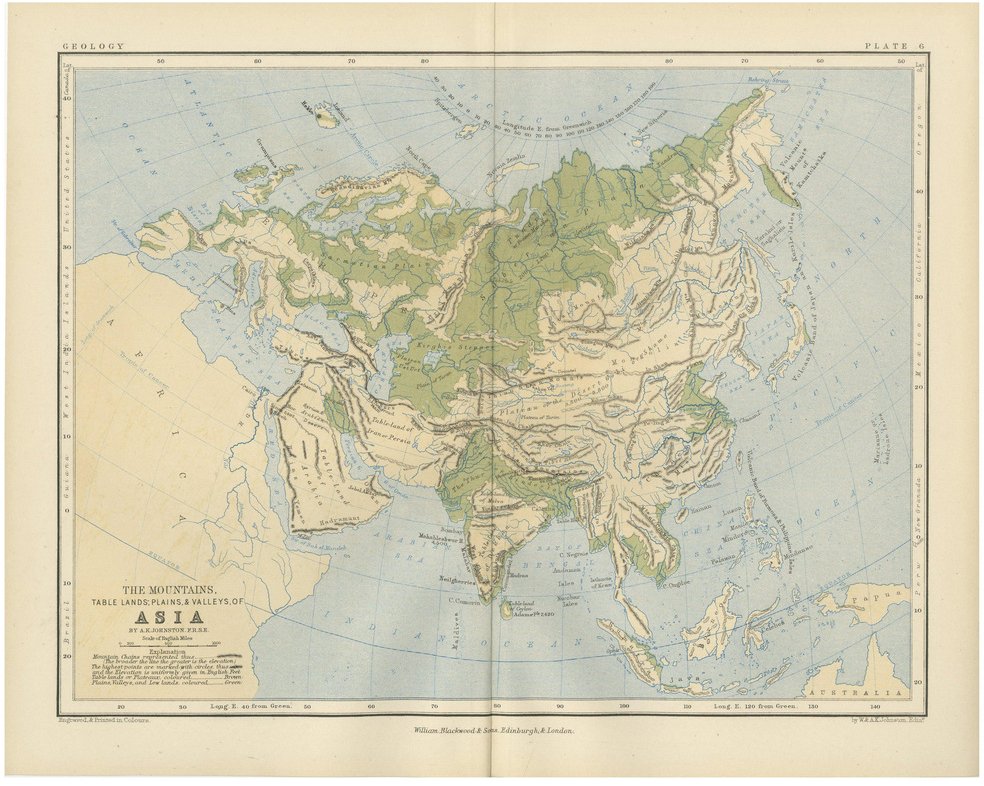 Geological Map of Asia by A.K. Johnston Mountains and Valleys, 1852 for ...