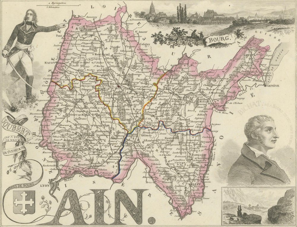 Mappa di Ain France con vigneti di Bugey e notevoli ritratti, 1850 ...