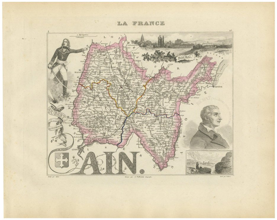 Map of Ain France with Vineyards of Bugey and Notable Portraits, c.1850 ...