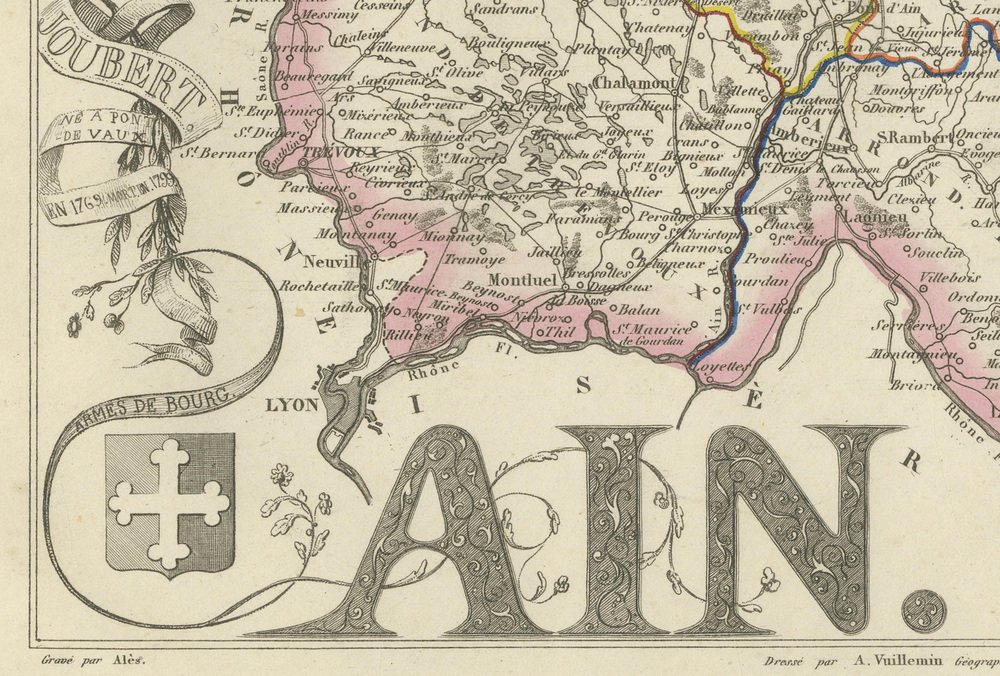 Map of Ain France with Vineyards of Bugey and Notable Portraits, c.1850 ...