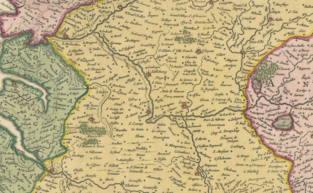 Map of Saintonge and Aunis with Cognac and Rochefort, France, 1665 for ...