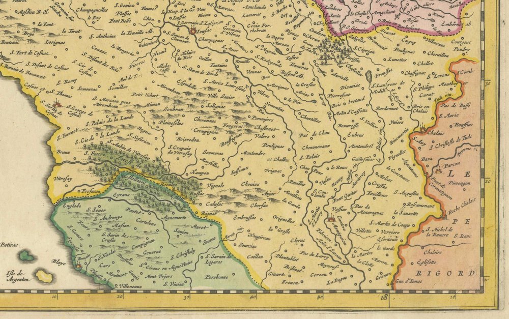 Map of Saintonge and Aunis with Cognac and Rochefort, France, 1665 for ...