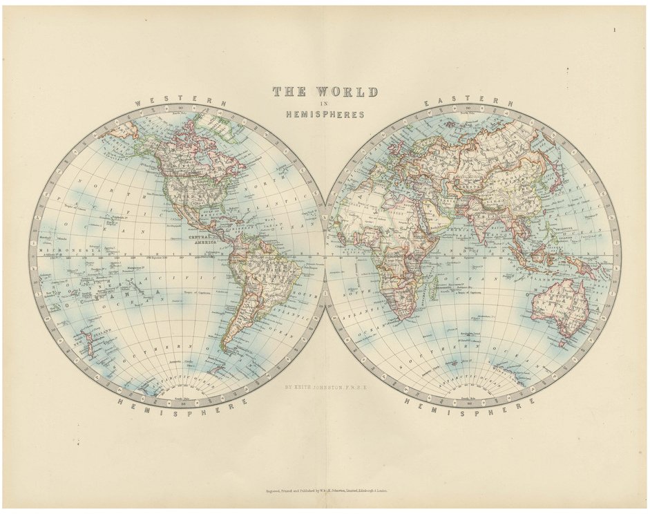 Antique World Map in Hemispheres with Delicate Pastel Coloring, 1903 ...