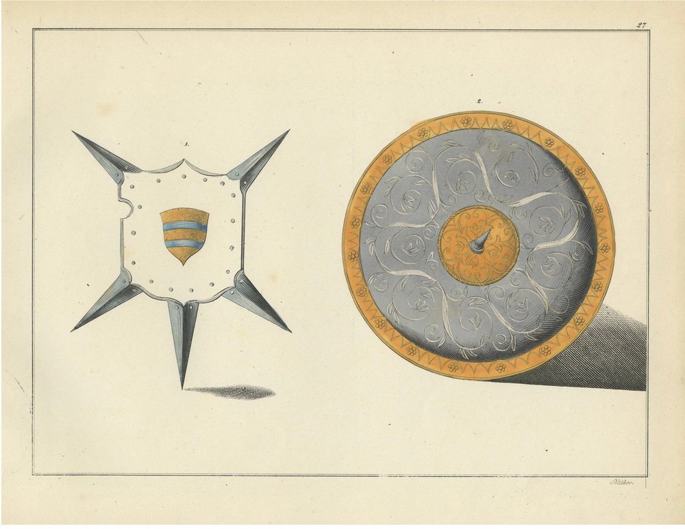 Ornate Spiked and Circular Shields, 1842, Lithograph for sale at Pamono