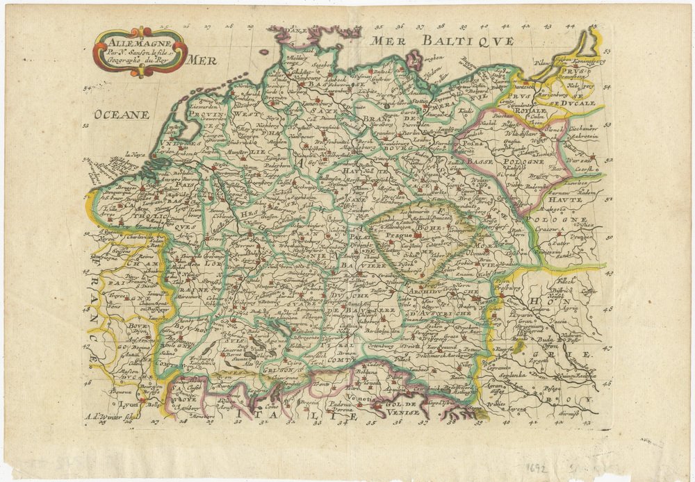Hand-Colored Map of Germany by Nicolas Sanson, 1648 for sale at Pamono