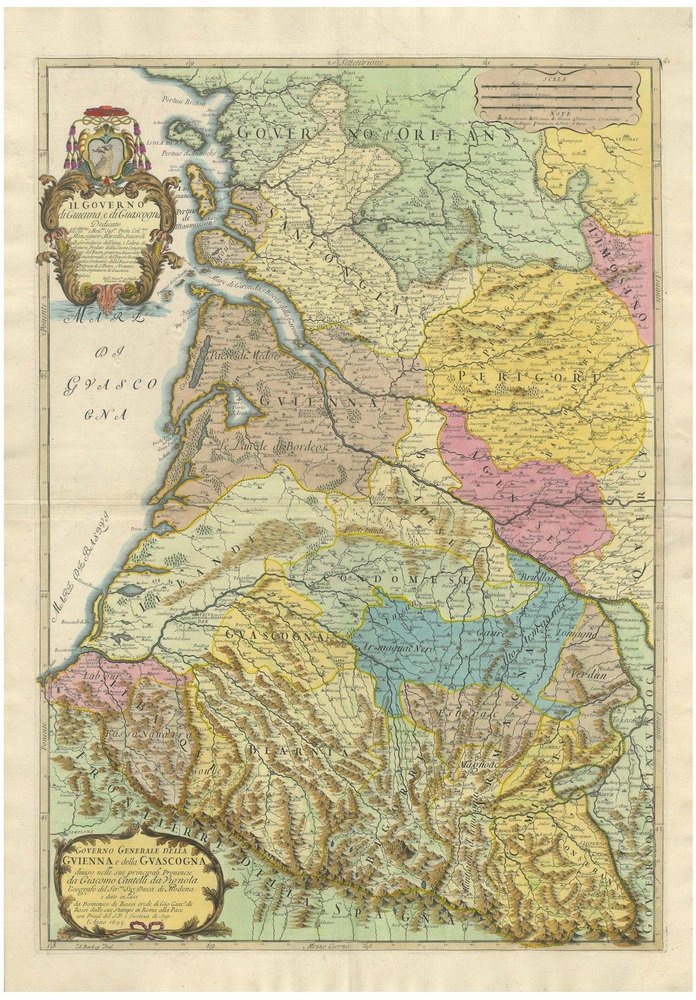 Large Hand-Colored Engraved Map of Gascony, 1695 for sale at Pamono
