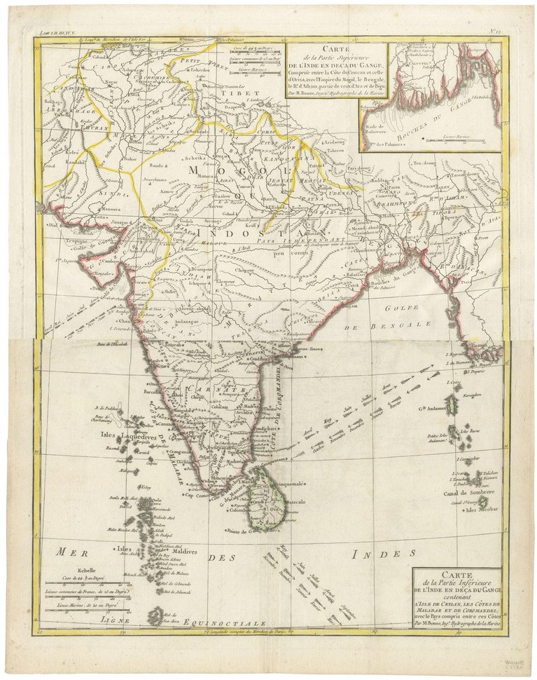 Map of India and Ceylon with Inset of Calcutta and the Ganges by Bonne ...