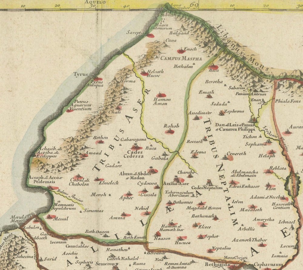 Antique Hand-Colored Map of the Holy Land and Twelve Tribes of Israel ...