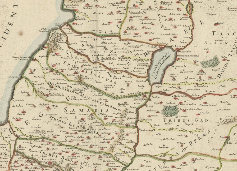 Antique Hand-Colored Map of the Holy Land and Twelve Tribes of Israel ...