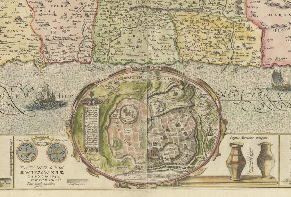 Map of the Holy Land with Insets of Jerusalem and Biblical Artefacts ...