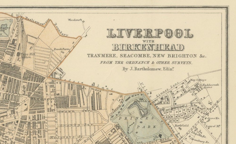 Map of Liverpool and Birkenhead by Bartholomew, 1880 for sale at Pamono