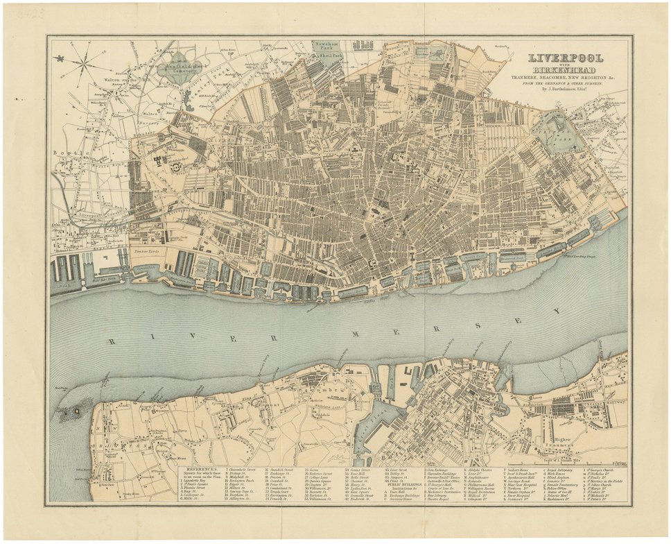 Map of Liverpool and Birkenhead by Bartholomew, 1880 for sale at Pamono