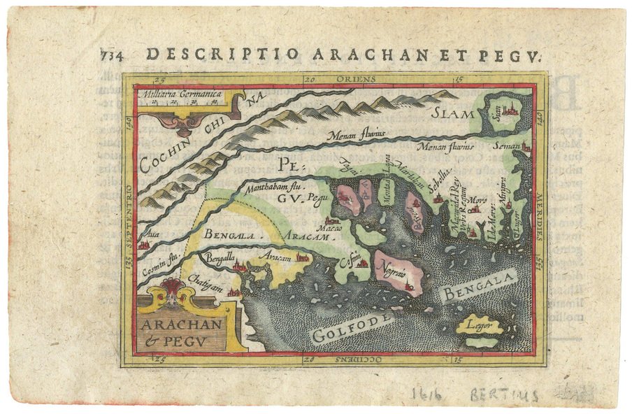 Map of Arakan and Pegu in Southeast Asia by Petrus Bertius, 1616 for ...