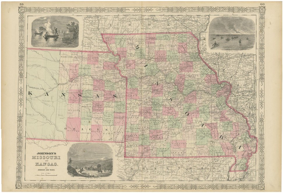 Map of Missouri and Kansas with Railroads and Frontier Trails, 1864 for ...