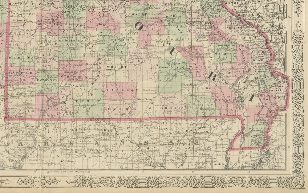 Map of Missouri and Kansas with Railroads and Frontier Trails, 1864 for ...