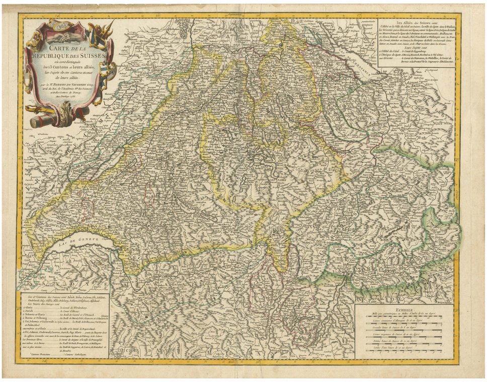Map of the Swiss Confederation by Robert De Vaugondy, 1756 for sale at ...