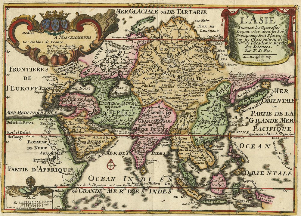 Antique Map of Asia with Landbridge from Korea to America, 1717 for ...